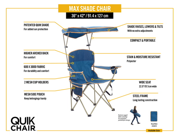 Quik Chair Max Shade Folding Chair, Navy, Lawn Chairs, Lounge Chairs ...