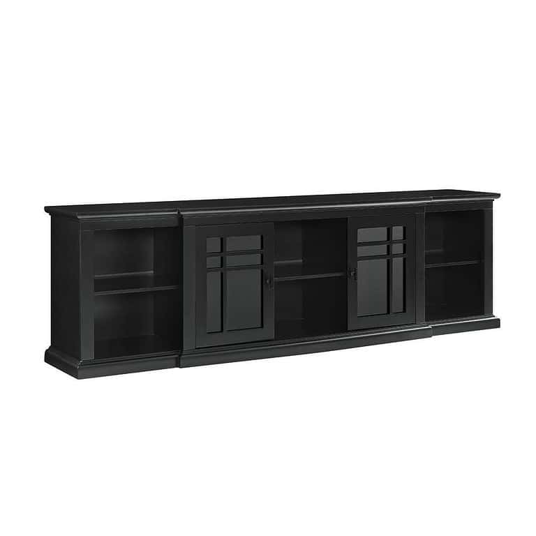 Welwick Designs 80 In. Black Transitional Wood And Glass-Door TV Stand ...