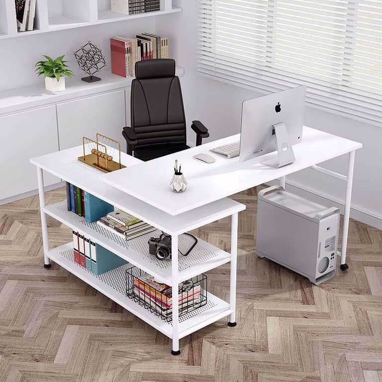 TribeSigns Modern L-Shaped Desk With Storage Shelves (White ...