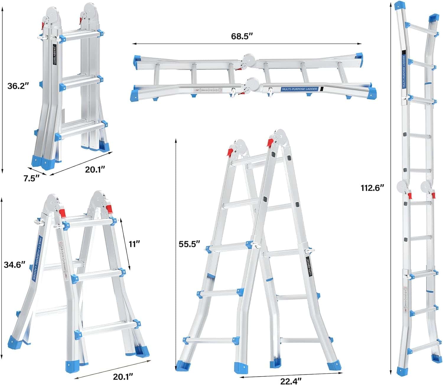 LUISLADDERS Ladder, A Frame 3 Step Ladder Telescoping Ladder ...