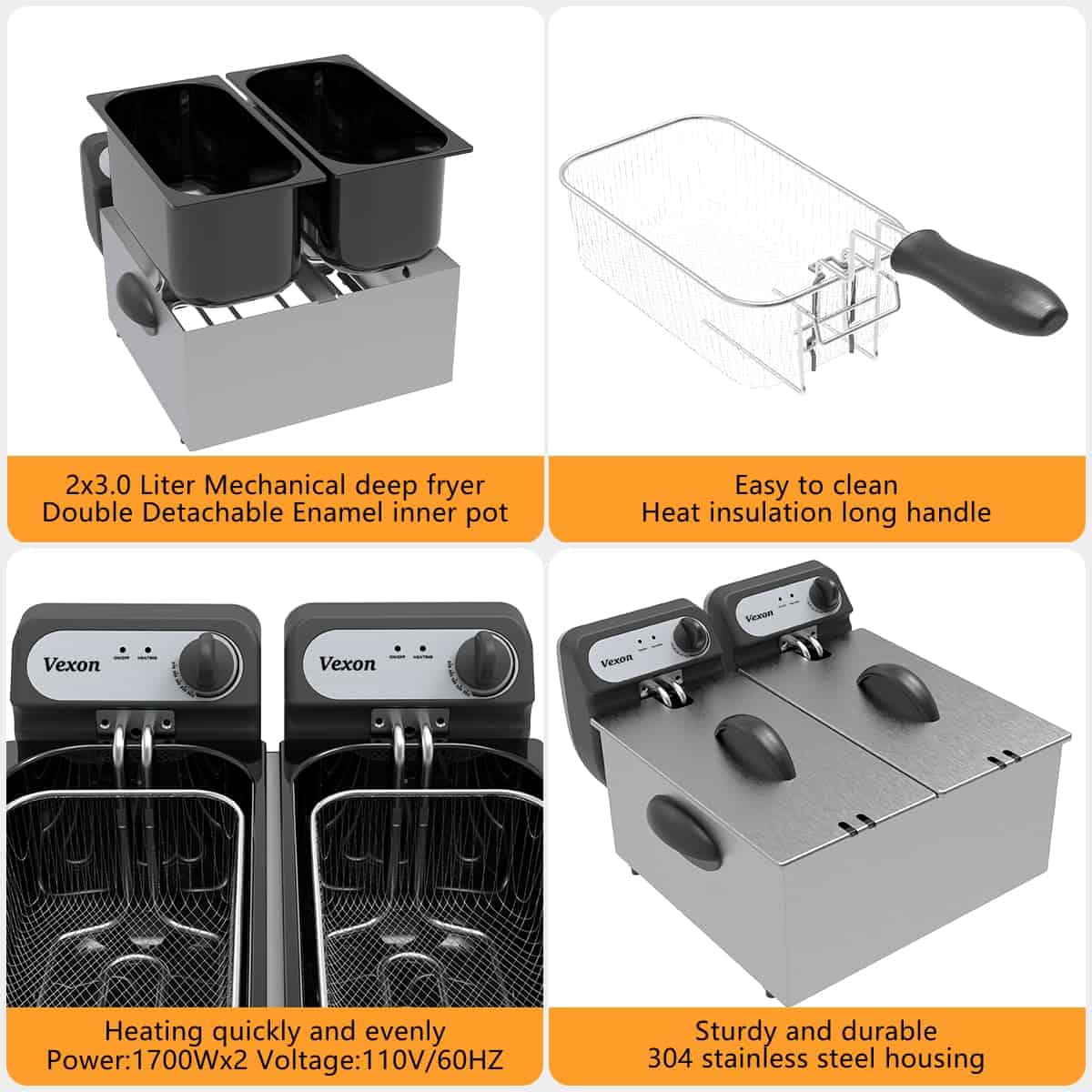 Vexon 3000W Electric Commercial Deep Fryer With Baskets & Lids, 2x3L ...