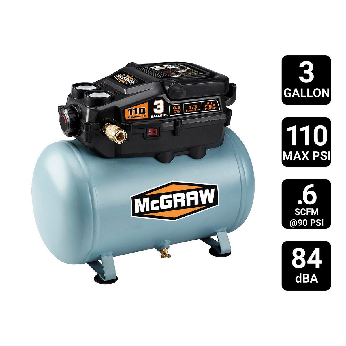MCGRAW 3 Gallon, 110 PSI Oil-Free Light-Duty Hot Dog Air Compressor ...