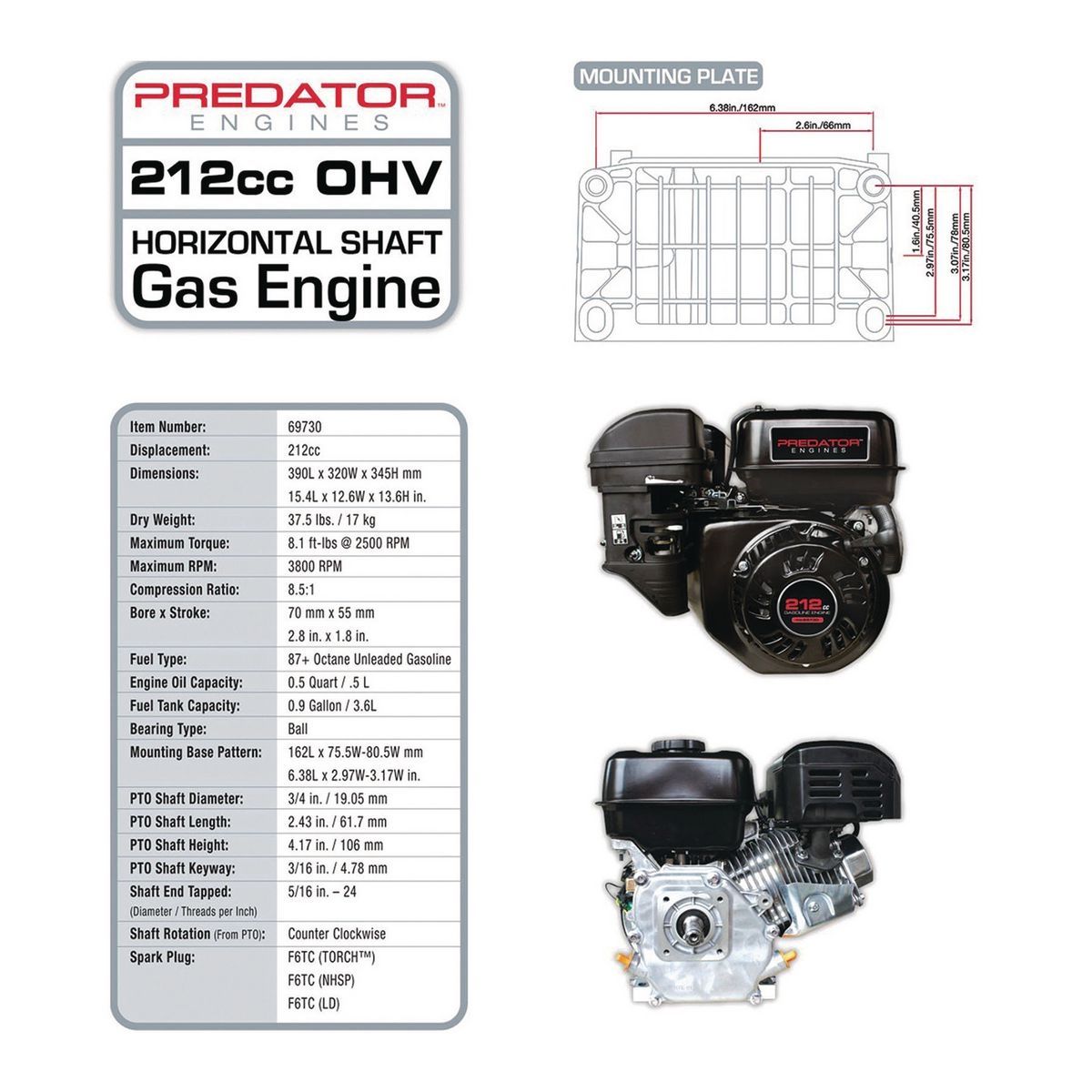 PREDATOR 6.5 HP (212cc) OHV Horizontal Shaft Gas Engine, EPA ...