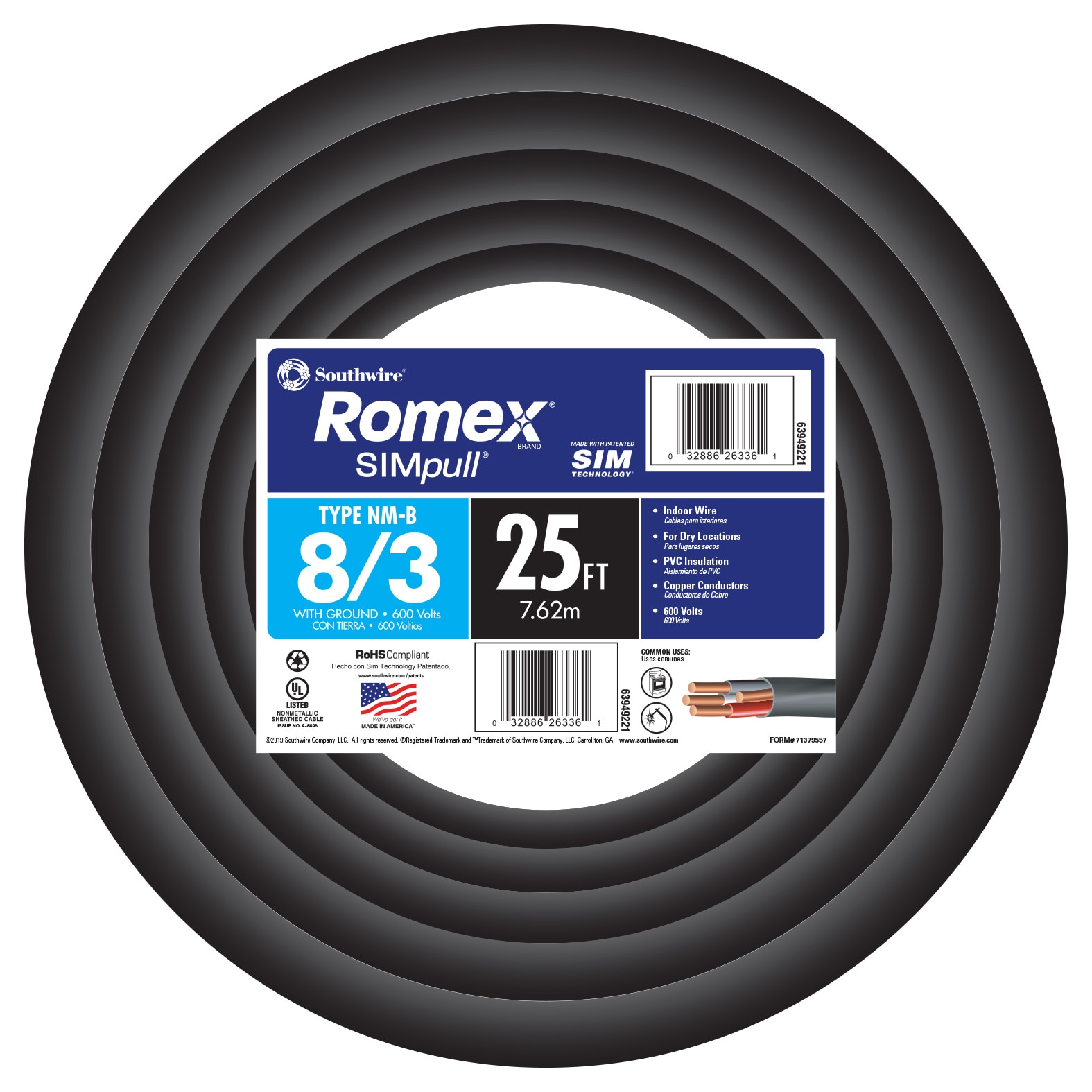 Southwire 25-Feet 8 / 3 / Romex SIMpull Stranded Indoor CU NM-B W/G ...