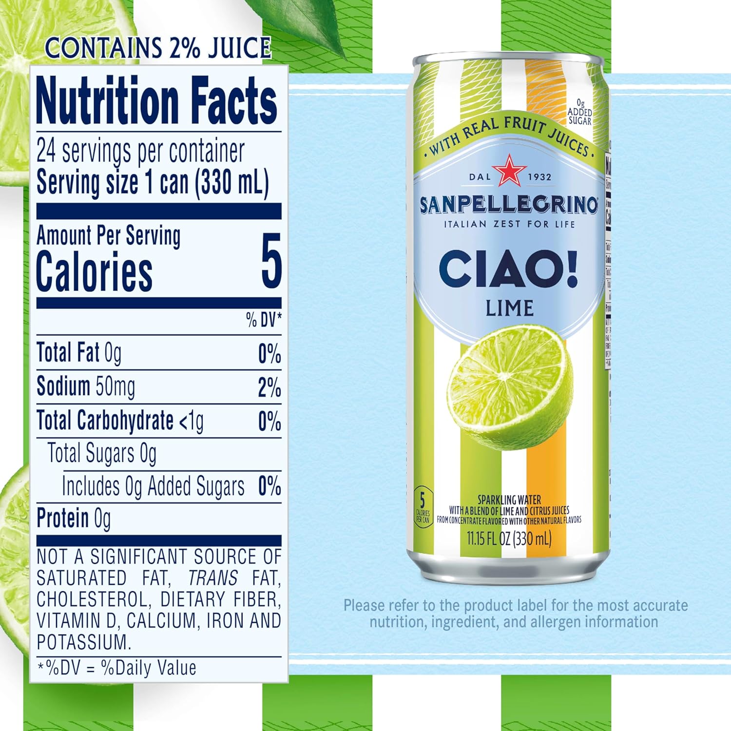 Sanpellegrino CIAO Lime Sparkling Water, Low-Calorie Italian Sparkling Water With Real Fruit ...