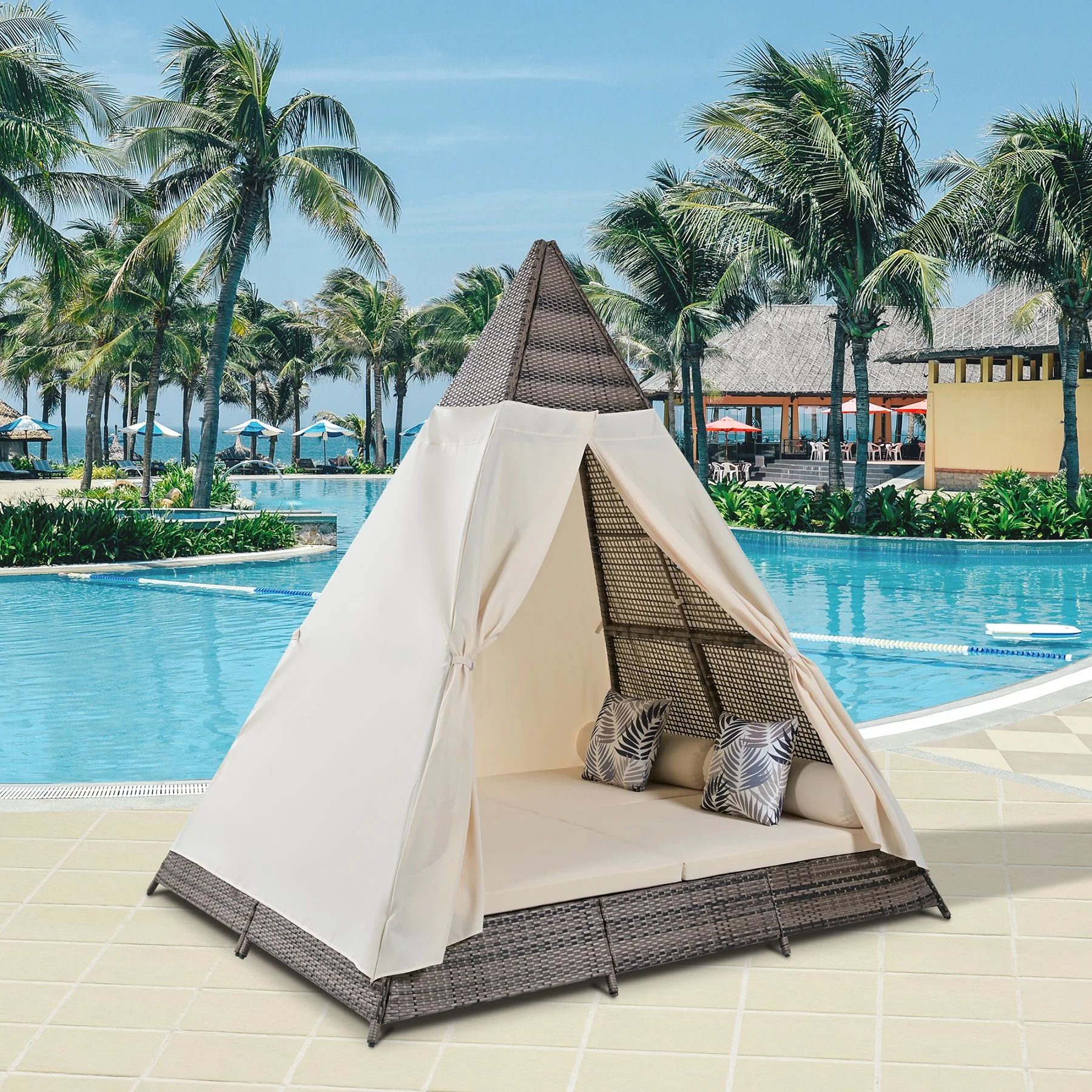Harper & Bright Designs Outdoor Sunbed With Canopy, Tent Shape Wicker ...